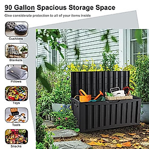 GOFLAME 90 Gallon Outdoor Deck Box, Large Weatherproof Storage Container with Wheels and Lid, Lockable Resin Deck Box for Patio Furniture, Garden Tools, Pillows, Outdoor Cushions, Pool Toys, Black