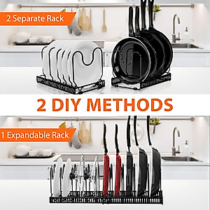 AHNR Expandable Pot and Pan Organizers Rack, 10+ Pans and Pots Lid Organizer Rack Holder, Kitchen Cabinet Pantry Bakeware Organizer Rack Holder with 10 Adjustable Compartments (Black)