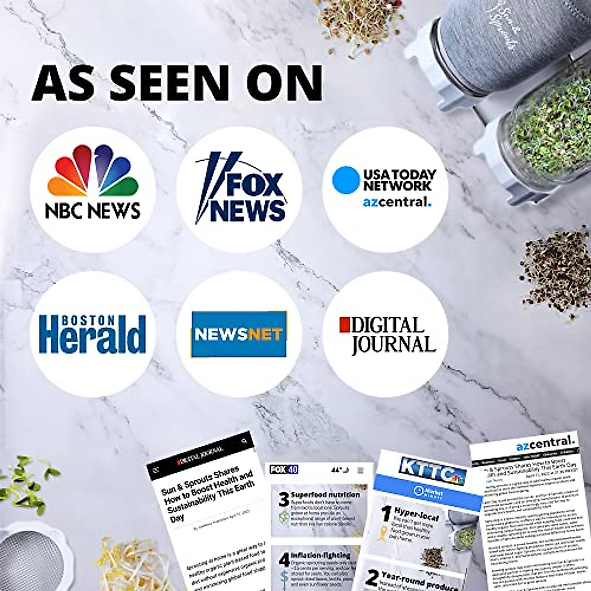 Sun & Sprouts Complete Sprouting Kit - 2 Large Wide-Mouth Mason Jars, Premium Screen lids, Blackout Sleeves, Tray and sprouter Stand - for Growing Broccoli, Mung Bean, Alfalfa Sprout from Seed