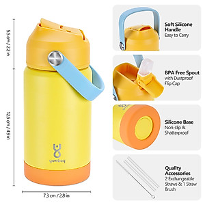 Kids Insulated Water Bottle with Straw Lid & Silicone Handle,12oz Kids Leak Proof Water Bottle for School Boys Girls,Double Wall Vacuum Stainless Steel with Non-slip Silicone Base(Yellow)