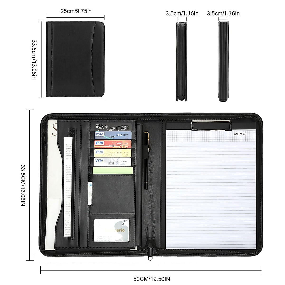 Leathario Portfolio Binder, A4 Padfolio Office Organizer, Business Folder Accessories with Zipper, Superior Vegan Leather, 9.7 Inch Tablet Sleeve, Writing Pad Document for Men Women, Card Storage