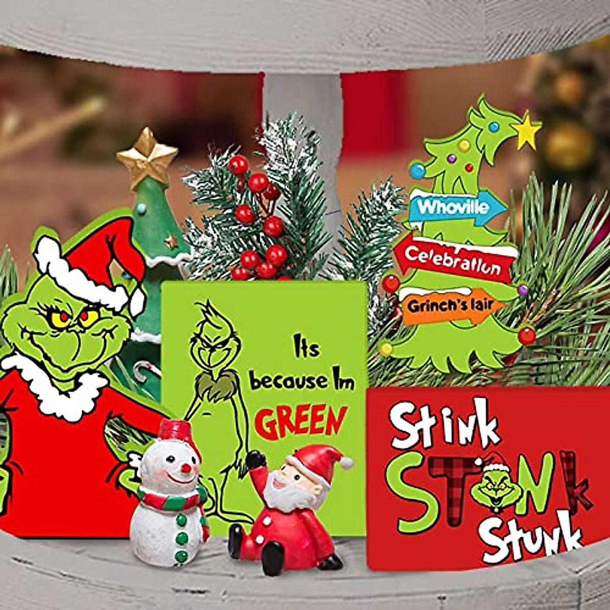 Christmas Tiered Tray Decorations Set Gifts (Tray Not Included) -𝑮𝒓𝒊𝒏𝒄𝒉𝒔 Christmas Decor,Grinchmas Table Top Xmas Christmas Party Decorations (Green-B)