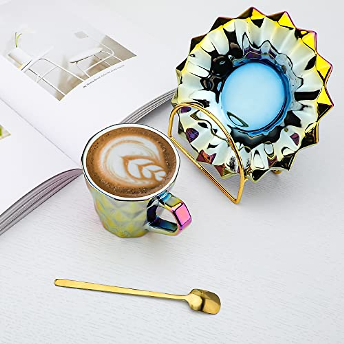 VCXOX Ceramic Coffee Mug, Creative French style Cup with Electroplated Geometry Saucer & Spoon Sets, Novelty Coffee Cup,6 oz/180 ml for Tea Latte Milk (purple)