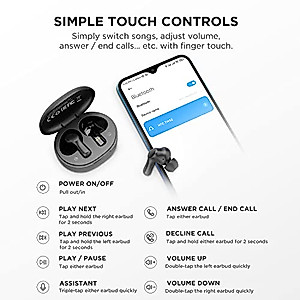 HTC True Wireless Earbuds 1 Bluetooth 5.1 with USB-C Charging Case, 32-Hour Playtime, Built-in Microphone with ENC, Touch Control Wireless Earbuds- Black