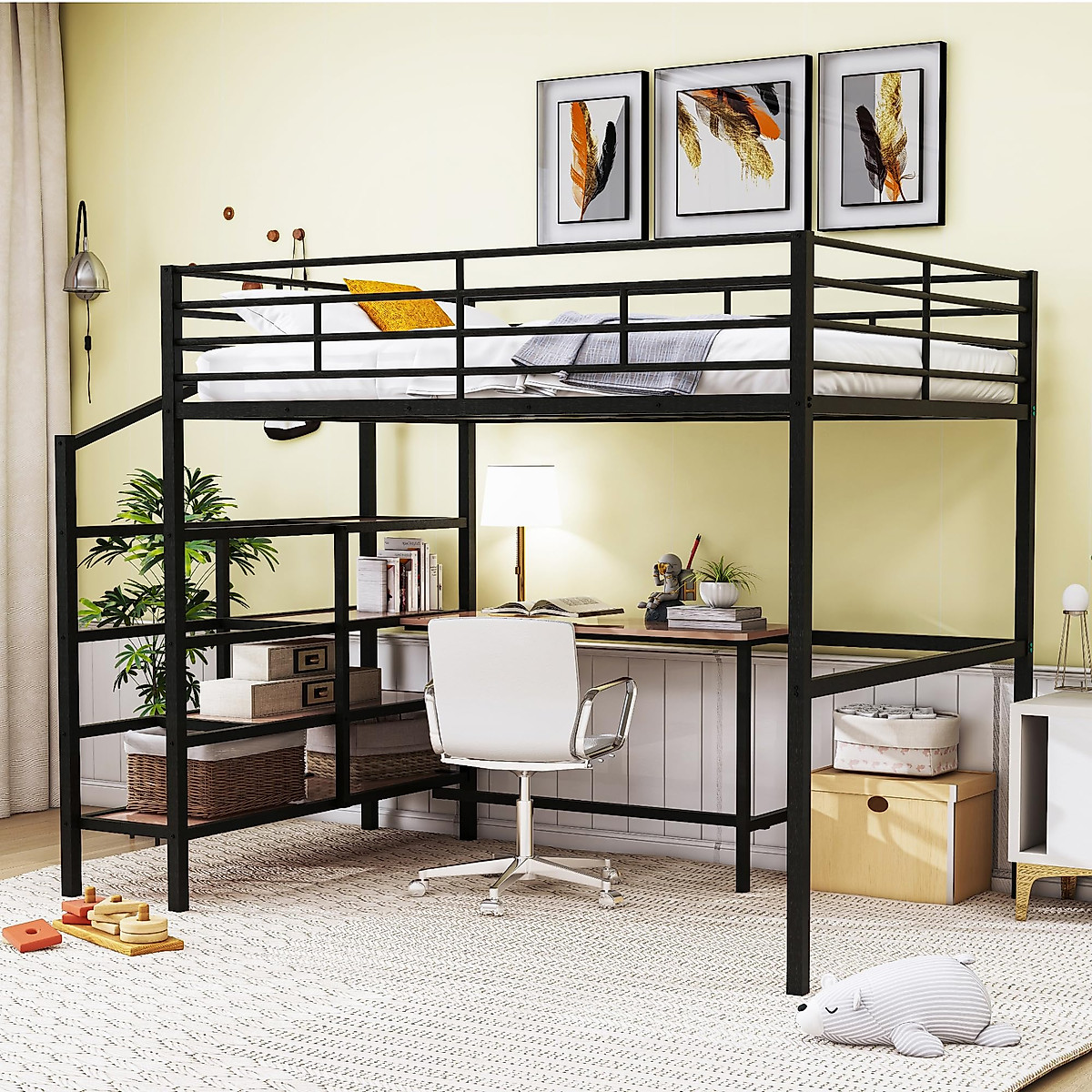 FANYHOME Full Size Metal Loft Bed with Desk and Metal Grid, Stylish Metal Frame Bed with Lateral Storage Ladder and Wardrobe loft Bed Twin Size with Desk (Black)