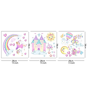 Castle Unicorn Wall Decals Princess Reflective with Heart Rainbow Vinyl Wall Stickers Gifts for Baby Girls Bedroom Party Decoration (3PCS)