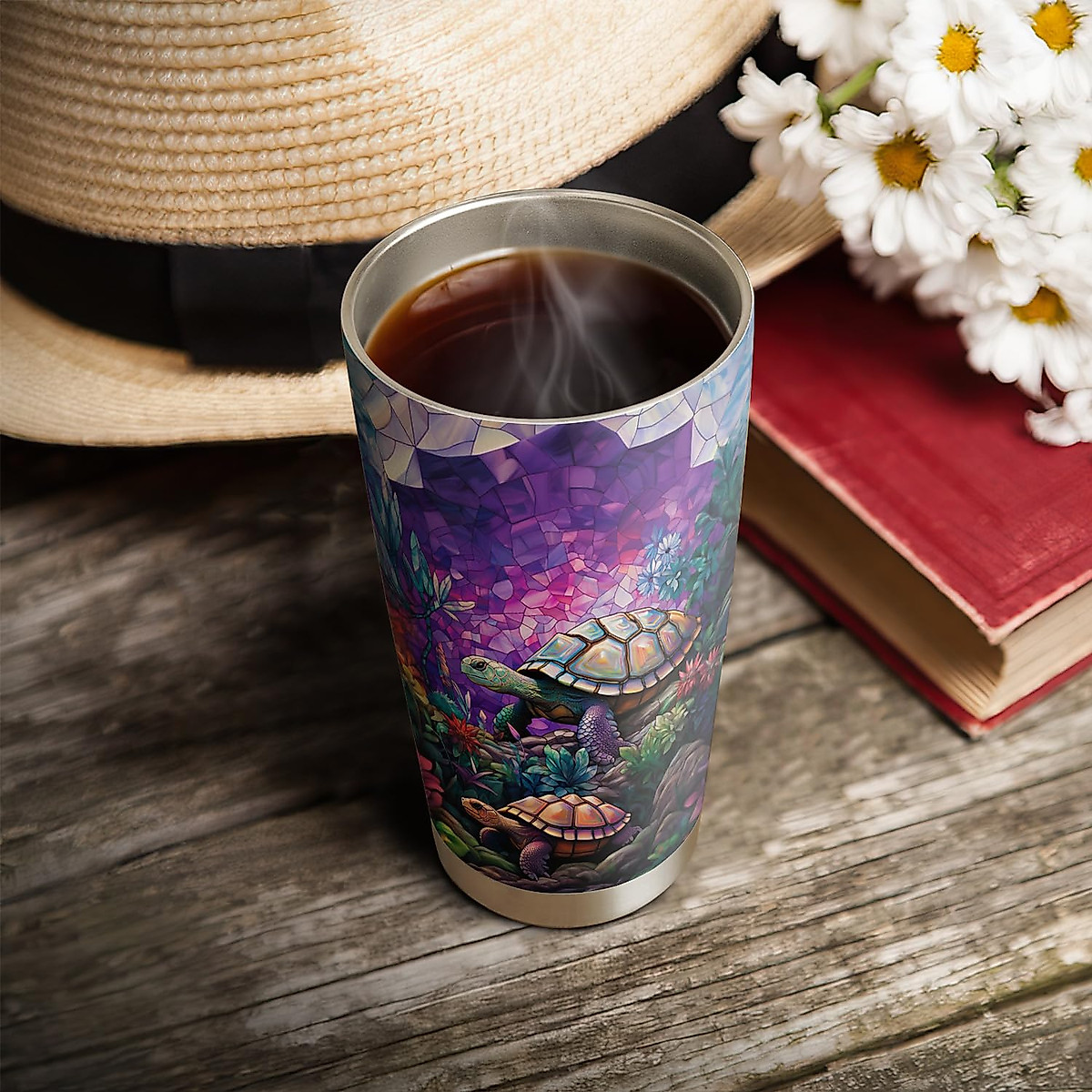 20oz Purple Stained Glass Flower Sea Turtle Tumbler, Gifts for Turtle Lovers, Ocean, Beach Gifts, Coffee Thermos for Women, Stainless Steel Double Wall Vacuum Insulated Coffee Mug, Travel Cup with Lid