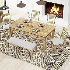 72'L Rectangular Dining Table Set for 6, Wooden Kitchen Table Set with 4 Drawers, 4 Upholstered Chairs & 1 Bench 6-Piece Retro Dining Room Table Set Kitchen Furniture Set for Family, Natural Wood Wash