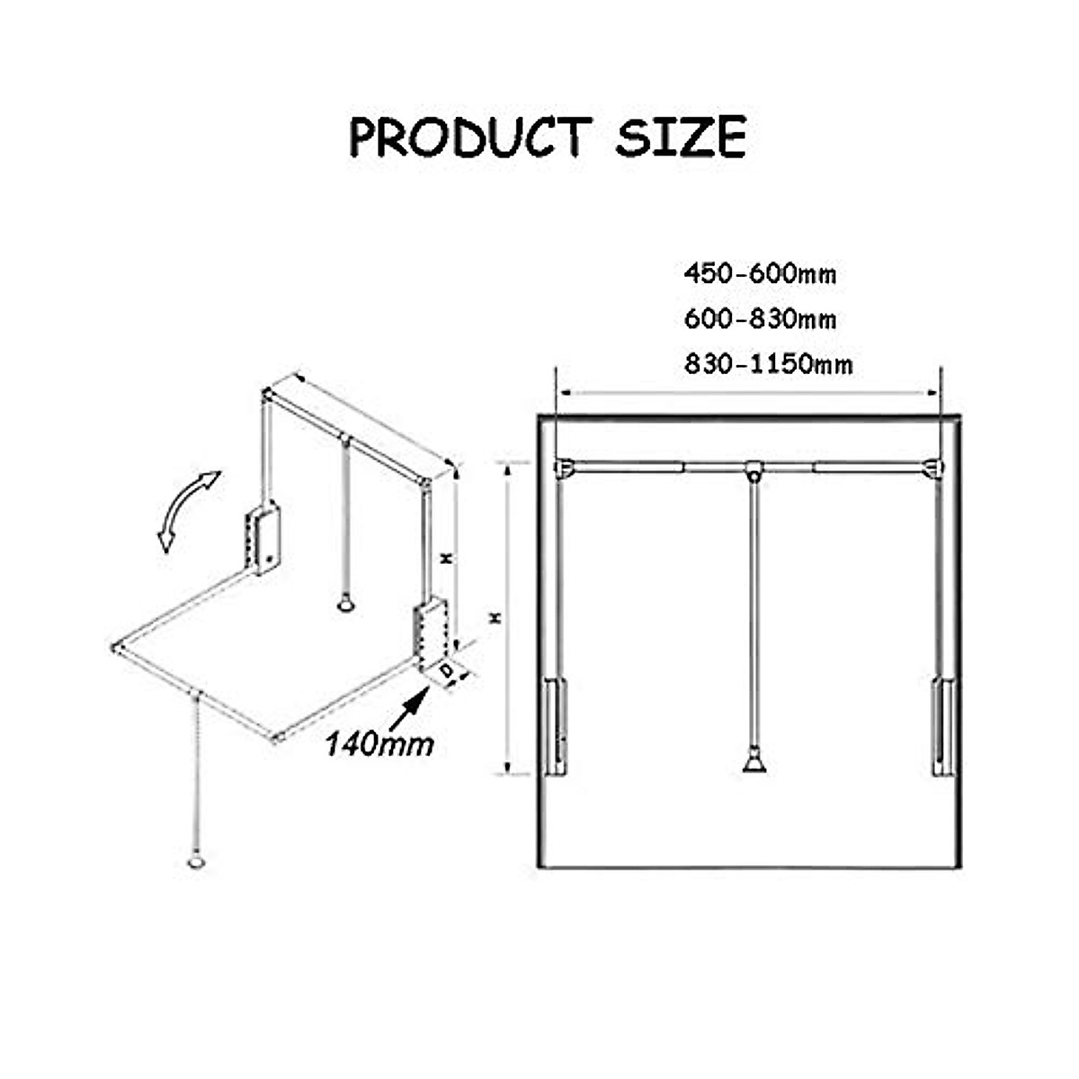 Wardrobe Lifter, Pull-Down Adjustable Width Hanger for Home Closet, Save Space, Light Storage System with Aluminum Pole, Silver, Load 30KG (Size : 450-600mm)