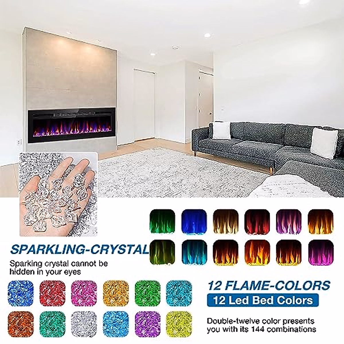 50 Inch Electric Fireplace Recessed and Wall Mounted, Fireplace Heater and Linear Fireplace, Ultra-Thin Electric Fireplace, Low Noise, with Timer, Remote Control, Adjustable 12 Flame Color, 750/1500W