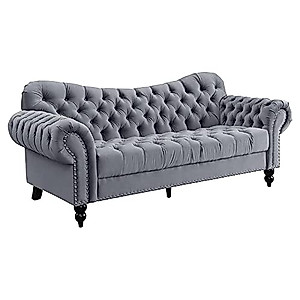 Pemberly Row 84" Velvet Roll Arm Sofa with Tufted Nailhead Upholstery, 3 Seater Fabric Couch Furniture for Home Living Room, Dark Gray