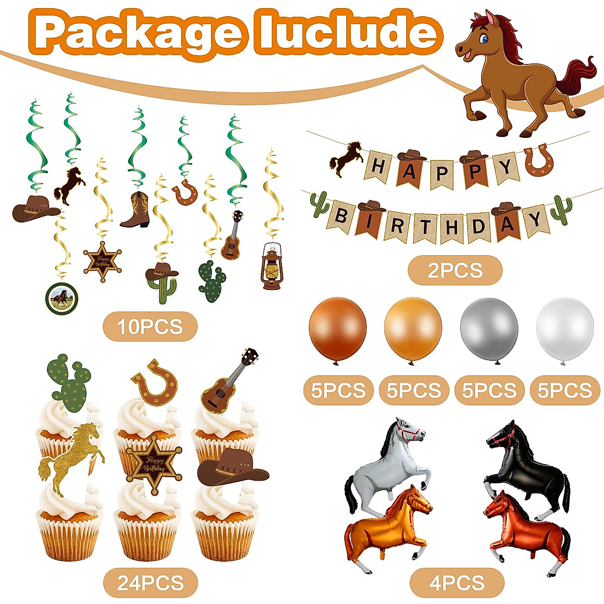 60PCS Cowboy Birthday Party Decoration Include 40 Inch Horse Shaped Foil Balloons Little Cowboy Happy Birthday Banner Cake Topper Hanging Swirls 12 Inch Latex Balloons for Western Party (Retro Style)