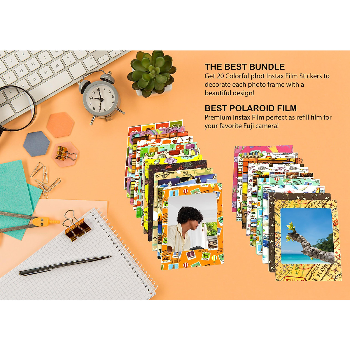 Fujifilm Instax Mini Instant Film 20 Exposures, 20 Sticker Frames for Fuji Instax Prints, Bundle