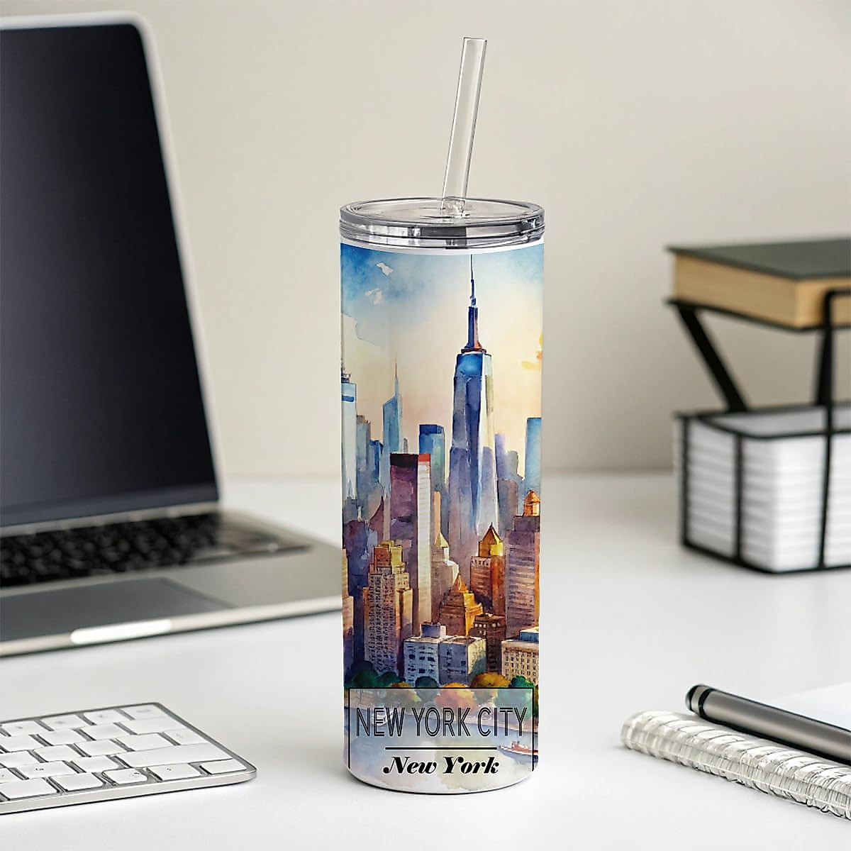 New York City NYC Travel Watercolor Skinny Tumbler 20oz with Straw Insulated Water Bottle Gift