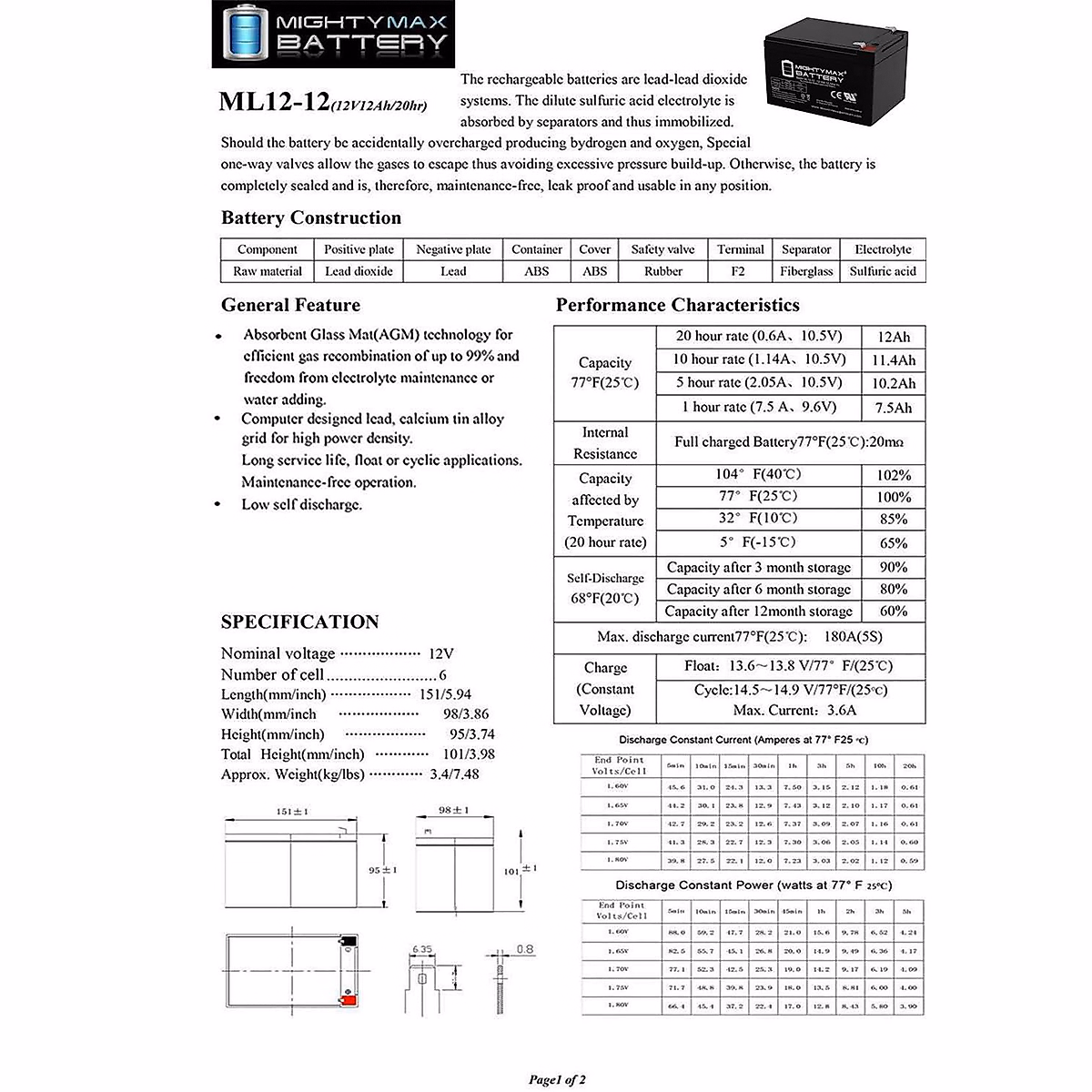 Mighty Max Battery ML12-12 - 12V 12AH F2 Battery Replacement for MK Battery ES12-12 - 2 Pack