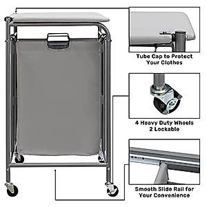 HollyHOME Laundry Hamper with Shelf 3 Section Laundry Sorter Cart with Wheels and Ironing Board Laundry Basket Shelf Organizer with Table Top 2 Drawers Grey