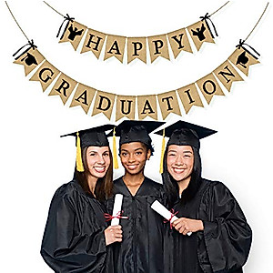 JOZON Happy Graduation Burlap Banner Jute Graduation Bunting Banner Garland 2021 Graduation Decorations Grad Party Decor for College, Senior, High School Party Supplies