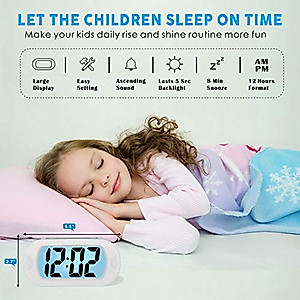 Plumeet Digital Alarm Clock Travel Clock with Snooze and Nightlight - Easy to Set Simple Bedside Alarm Clocks for Kids - Ascending Sound - Battery Powered (White)