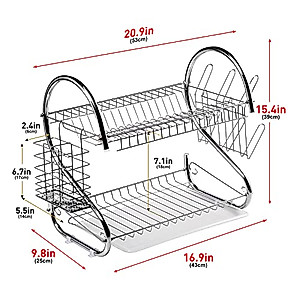 Zvonema Dish Drying Rack, Stainless Steel Dish Racks for Kitchen Counter, 2 Tier Small Dish Drainers with Drainboard & Removable Utensil Holder, Space Saving Dish Rack, Silver