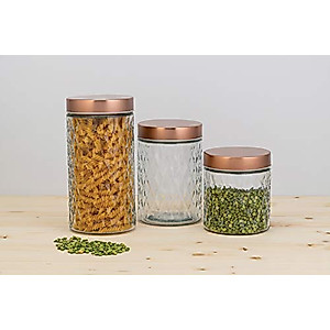 Amici Home Desmond Glass Canister | Set of 3 | Dry Food Storage Container with Airtight Copper Lid | Clear Glass Jar for Kitchen & Pantry Organization | 32, 48, & 60 Oz