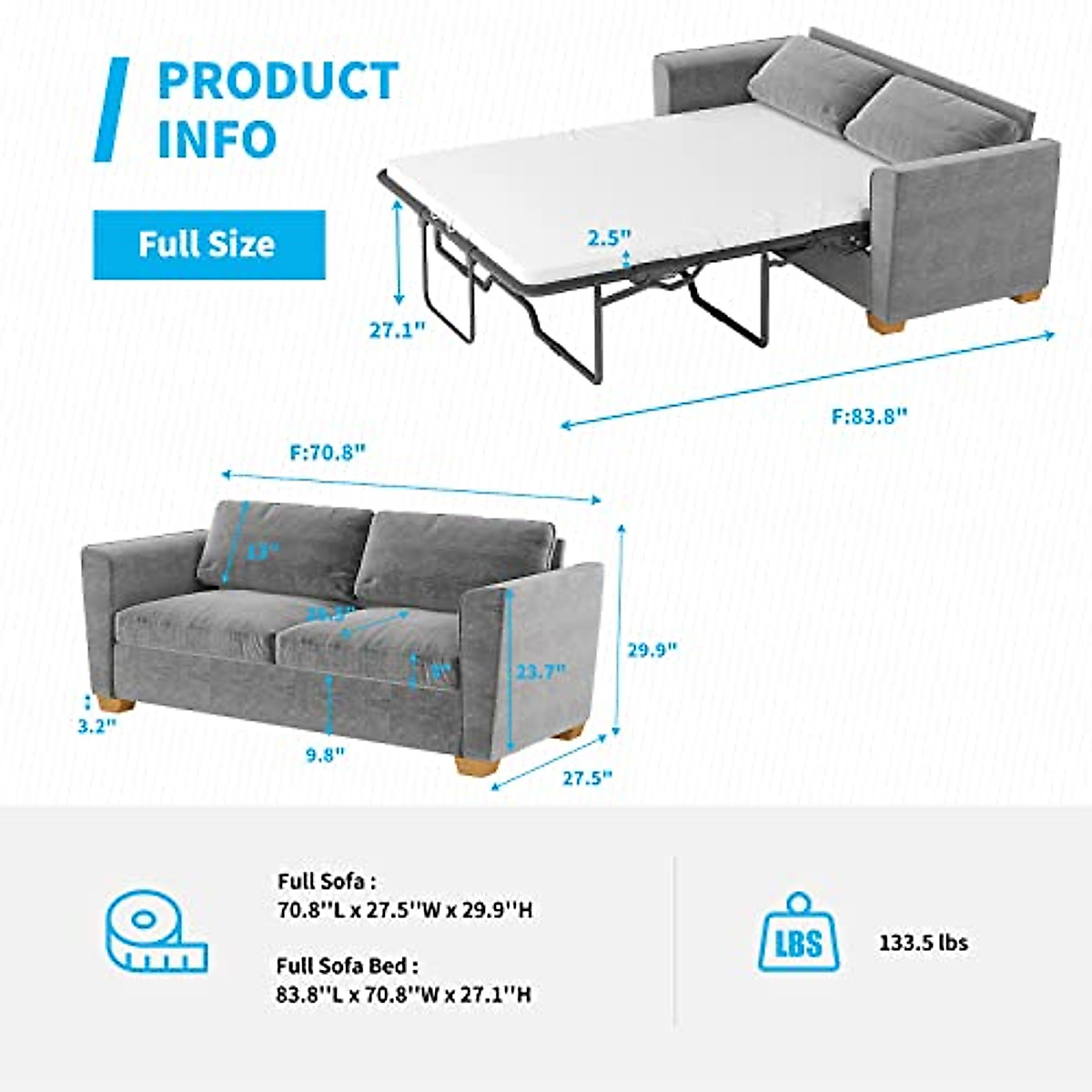 Mjkone 84" W Pull Out Sofa Bed, Sleeper Sofa Bed with Sponge Mattress, 2-in-1 Pull Out Couch Bed Suitable for Friends to Stay Temporarily, Loveseat Sleeper for Apartment/Small Spaces (Full, Grey)