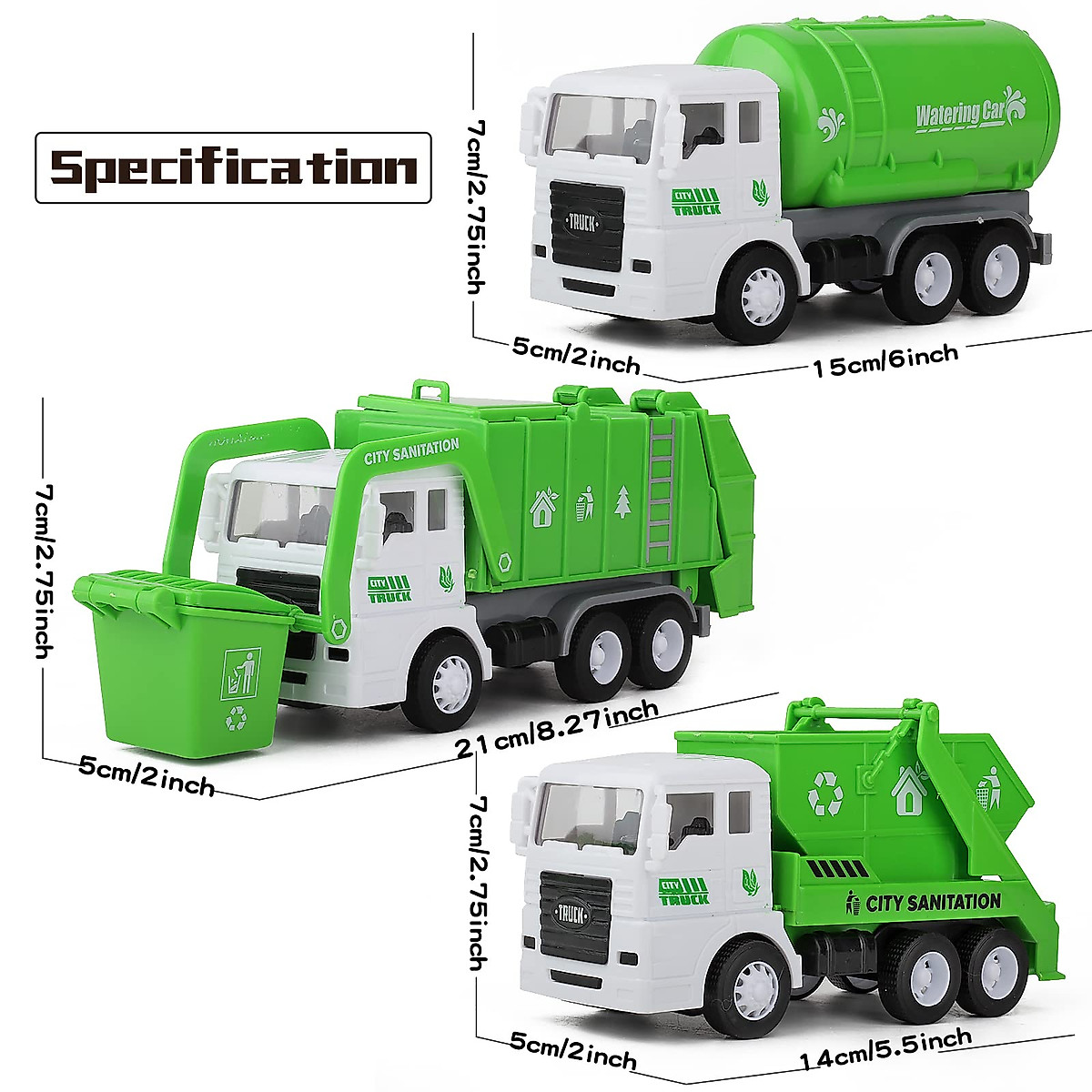 FIVEDAOGANG Garbage Truck Toy, 3 Pack Friction Powered Waste Management Garbage Truck Game with Front Load Dumpster, Back Dump Garbage,4 Trash Bins with 108 pcs Trash Cards, Gift for 3+ Years Old Kids