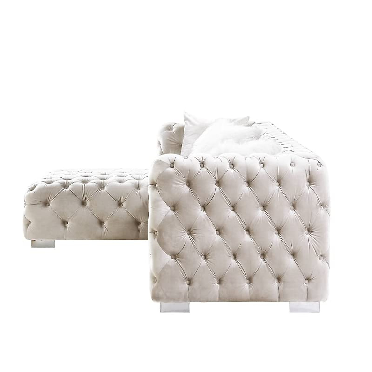 Acme Furniture Velvet Upholstered Sectional Sofa with 4 Pillows, Beige