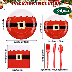 Bokon 96 Pcs Santa Belt Plates Christmas Party Supplies Disposable Party Dinnerware Set Christmas Napkins Knives Forks Spoons Christmas Party Decorations for Xmas Holiday Dinner Home Serves 24