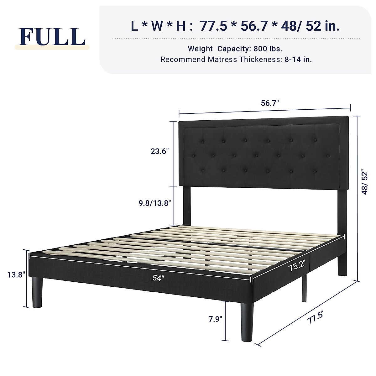 Allewie Full Size Upholstered Platform Bed Frame with Adjustable Headboard, Button Tufted, Wood Slat Support, Easy Assembly, Black