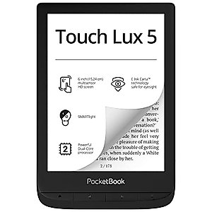 Pocketbook Touch Lux 5 | E-Book Reader | Glare-Free & Eye-Friendly E-Ink Technology | 6ʺ Touchscreen with HD Resolution | Wi-Fi | Adjustable SMARTlight | Micro-SD Slot | E-Reader in Ink Black