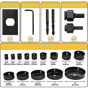 Hole Saw kit, Jellas 20PCS Hole Saw Set with 14Pcs Saw Blades, General Size 3/4" to 5", 2 Mandrels with Drill Bits, 1 Installation Plate, 1 Hex Key, 1 Storage Case, Ideal for Wood, PVC Board, Plastic