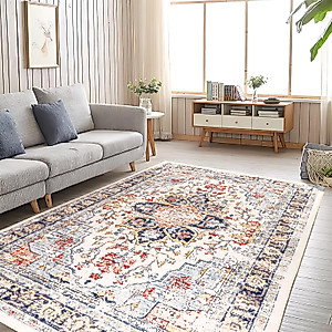 BESTSWEETIE Area Rug 8x10 Rugs for Living Room 8 x 10 Washable Rugs Non Slip Vintage Boho Living Room Rugs for Bedroom Dining Room, Distressed Floral Pattern Carpet, Beige