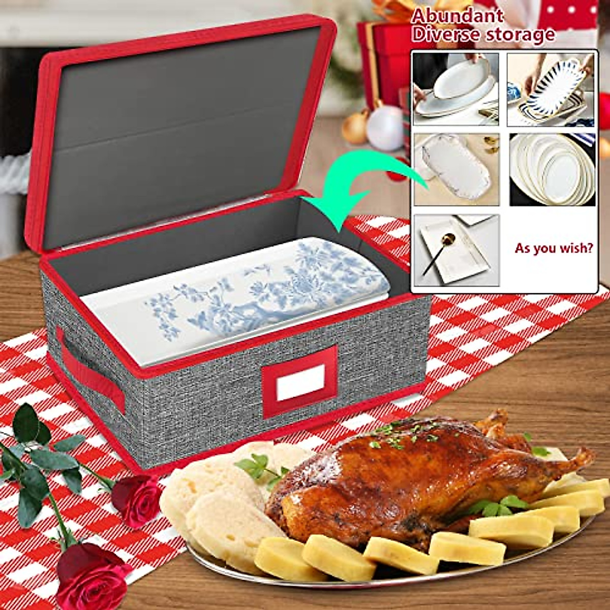 VERONLY Platter Storage Case Stackable - Christmas China Storage Containers, with Hard Lid Height of 5.3'' Padded Surfaces - Structured Top, Bottom and Sides, 4 Felt Dividers Included (Grey and Red)