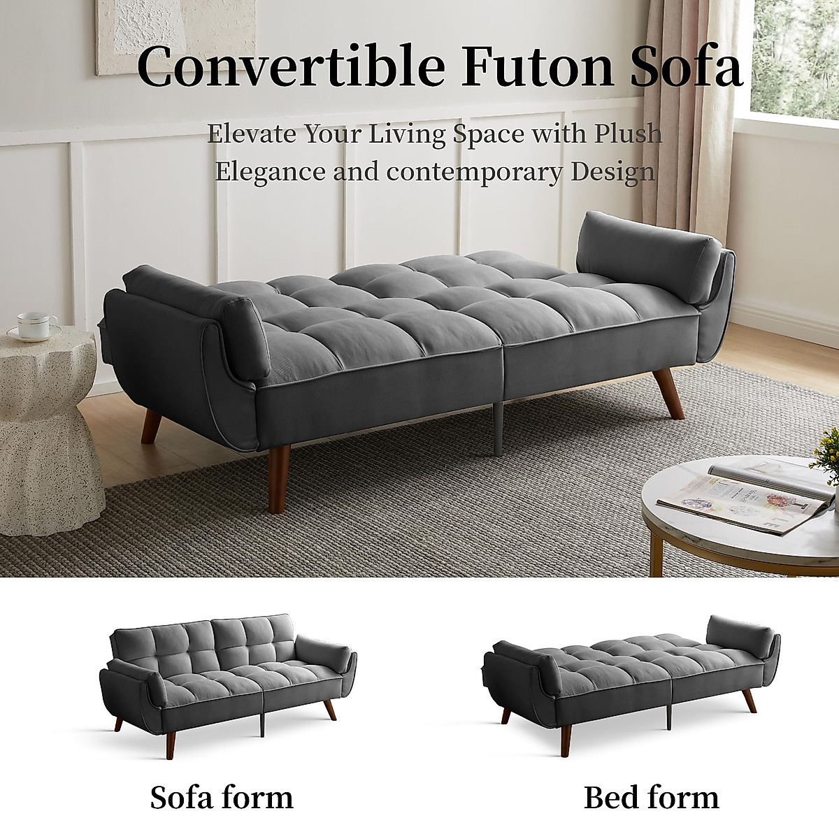 HIPIHOM Convertible Futon Sofa Bed, 74.8″Fabric Futon Couch with 3 Levels Adjustable Backrest, Folding Futon Sleeper Sofa for Living Room, Apartment, Office, Guest Room (Grey)