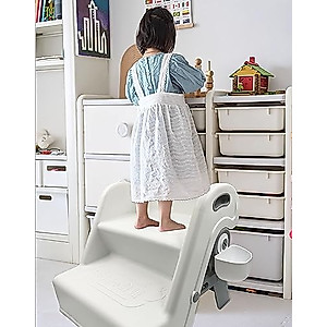 VEMJO Folding Step Stools for Kids Boys and Girls Adjustable Toddler Step Stool for Bathroom Sink 2 Step Ladder Toilet Foldable Step Stool with Handles and Non-Slip Pads (White Colour)