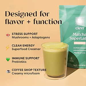 Clevr Matcha Green Tea Powder, Oat Milk Instant Latte Mix with Organic Matcha, Adaptogens, Mushrooms, Probiotics, Lion's Mane, Reishi and Ashwagandha