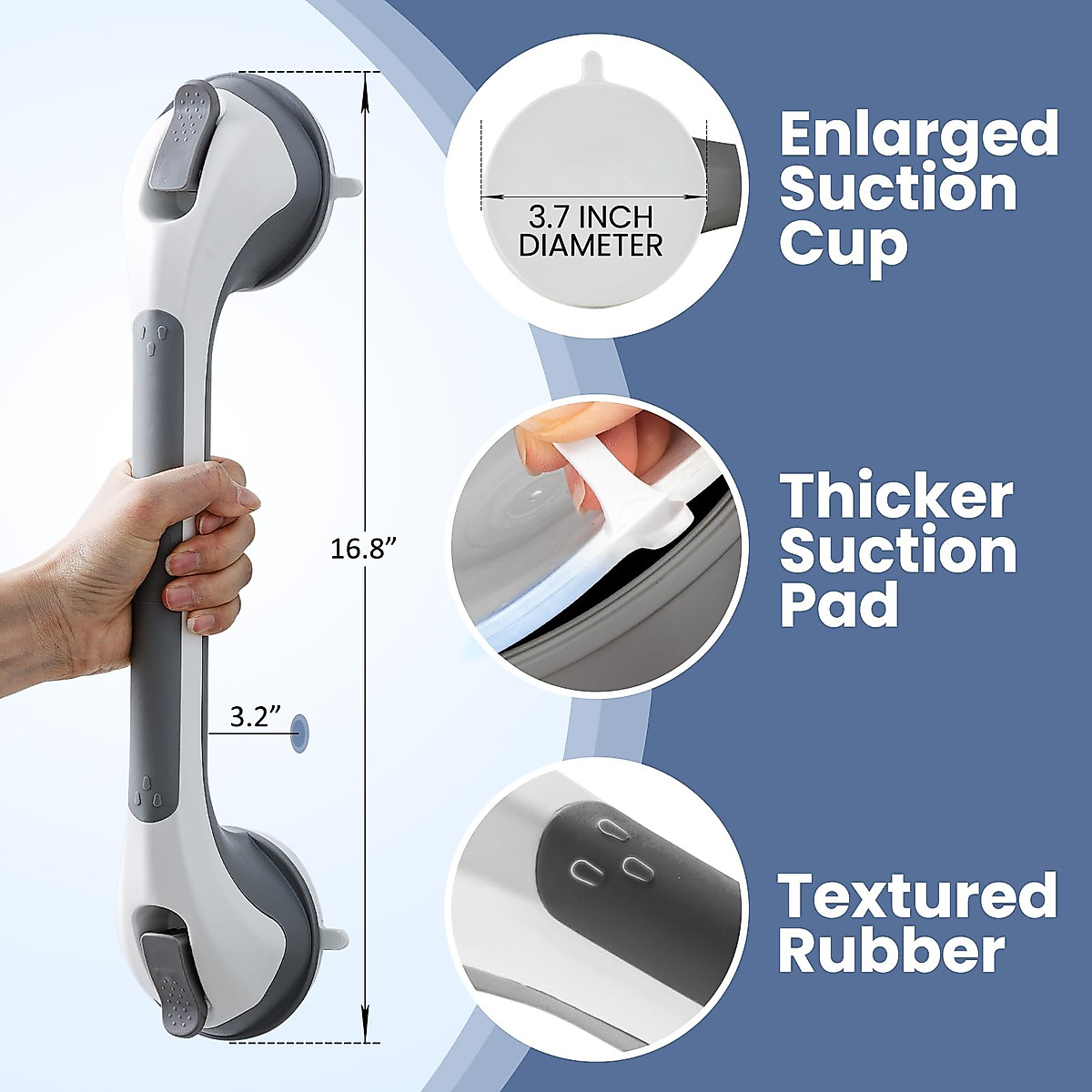 TAILINK 2 Packs Shower Grab Bar Suction Cup for Bathroom and Showers, 16 inch Shower Safety Handrail for Seniors and Elderly, Removable Toilet Bathtub Handle Waterproof, No Drilling Grab Bar, Grey