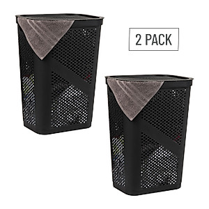 Mind Reader 60L Slim Laundry Hamper, Clothes Basket, Lid, Ventilated, Plastic, 17.25"L x 13.75"W x 23.5"H, Set of 2, Black