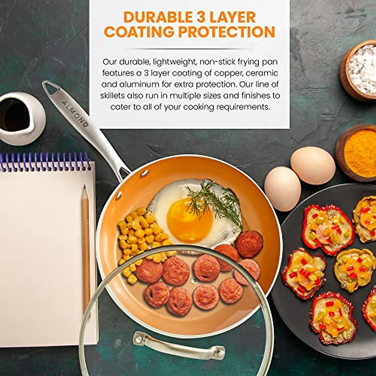 Almond 12 Inch Non-Stick Frying Pan with Lid - Copper Ceramic Fry Pans with Tempered Glass Lid & Stainless Steel Handle, Round Aluminum Saute Pan, Dishwasher and Oven Safe - 12 inches