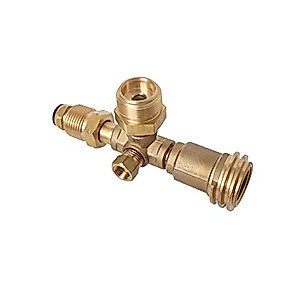 Flame King 4 Port Brass Tee Propane Adapter POL Inlet, 1/4 Inverted Female Flare Inlet, QCC Outlet, CGA600 Outlet (RV-COMBO1)