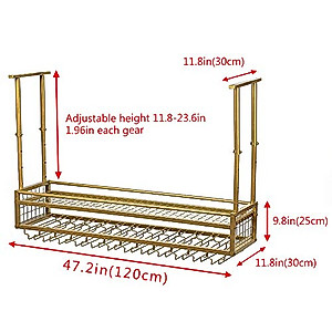 Ceiling Mounted Wine Rack and Glass Holder,Adjustable Industrial Wine Rack Shelf for Wall,2-Layer Hanging Wine Glass Rack Holder for Bar,47.2in Metal Iron Wine Shelf(Gold)