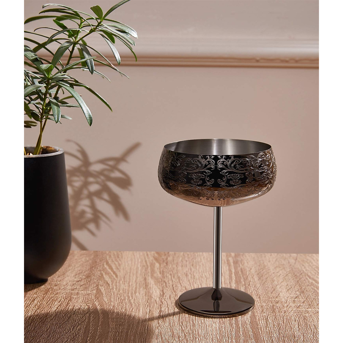 Sky Fish 14 oz Etching Martini Cocktail Glasses,Black Plated Stainless Steel Set Of 2 With 2 Cocktail Picks