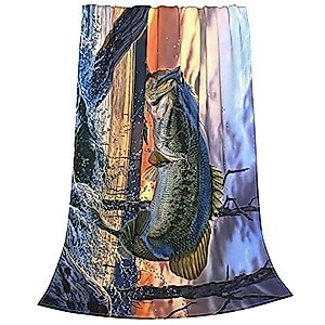 WOWUSUO Bass Fish Blanket Fishing Throw Bed Blankets Cozy Lightweight Soft Bedding for Sofa Bed Office Travel 60x50 inches
