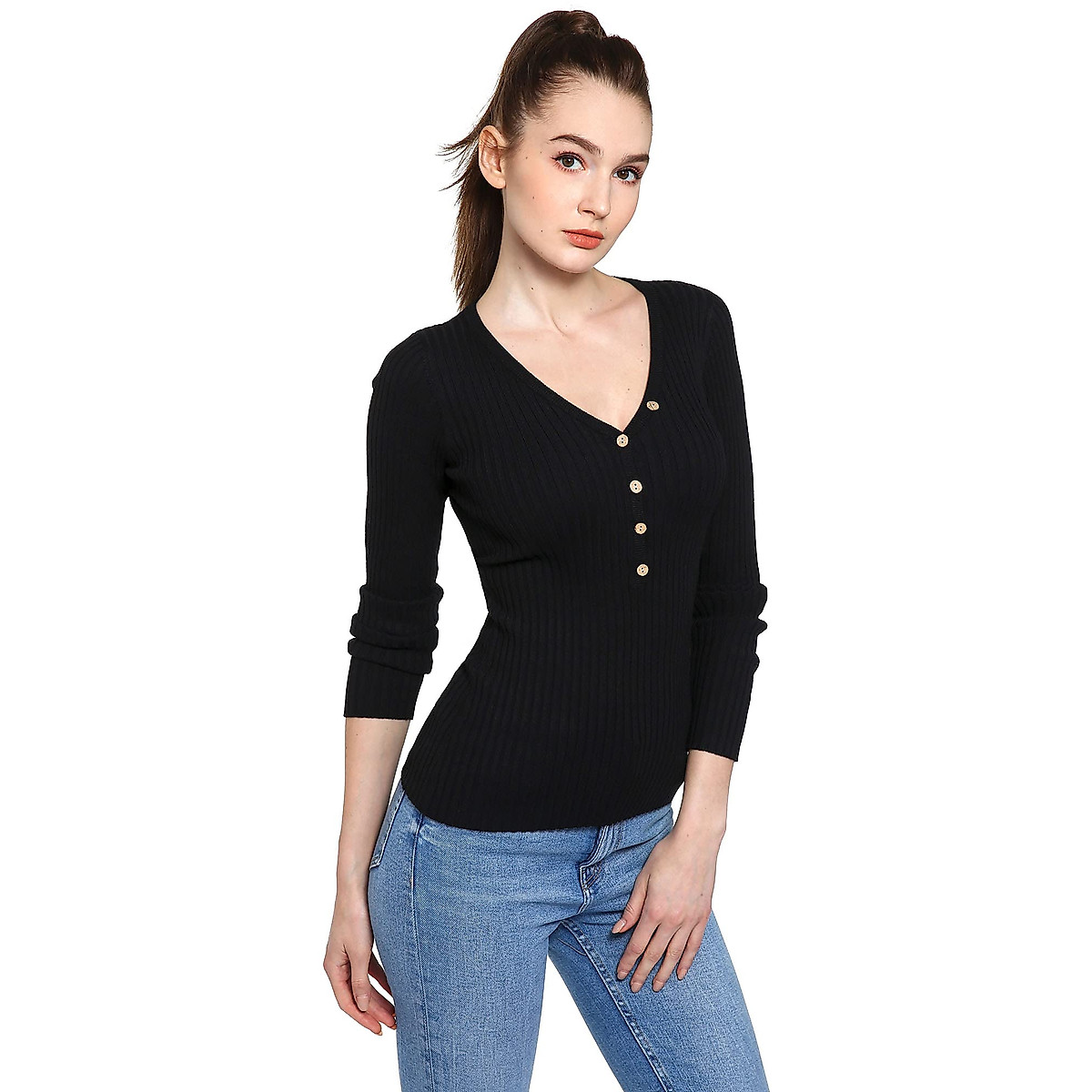 AmélieBoutik Women V Neck Henley Long Sleeve Pullover Ribbed Sweater (Black Medium)