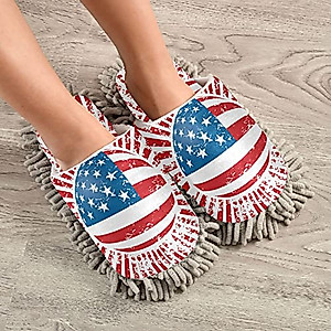Kigai Microfiber Cleaning Slippers American Flag Stripe Washable Mop Shoes Slipper for Men/Women House Floor Dust Cleaner, Size L