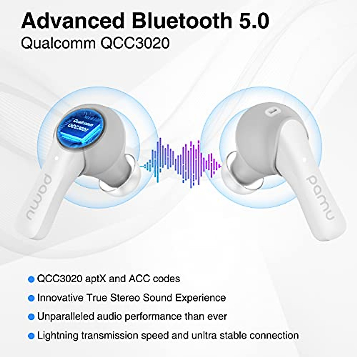 Padmate Bluetooth Headphones True Wireless Earbuds with 4 Mics CVC8.0 Noise Cancelling Earphones with Charging Case in-Ear Headset Touch Control Sport TWS 30H Playback Waterproof IPX6 Pamu T6C White