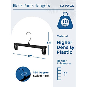 Titan Mall Pants Hangers 30 Pack 12inch Black Plastic Skirt Hanger with Non-Slip Big Clips and 360 Rotatable Hook, Durable and Sturdy Plastic Hanger, Elegant and Economical for Hanging Pants or Skirts