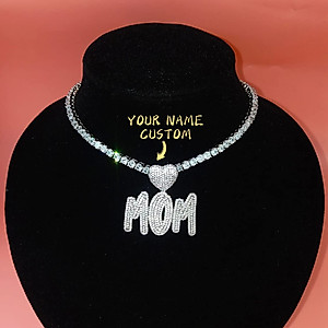 Iced Out Personalized Cursive Name Heart Necklace, Custom Nameplate Pendant Handmade with Cuban Link Chain, Hip Hop Initial Letter Diamond Jewelry Gifts Gold and Silver Color Plated for Man and Woman (Silver/Heart Hook)