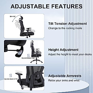 Ergonomic Home Office Chair, High Back Desk Chair with Adjustable Lumbar Support, 2D Armrest and Headrest, Black Mesh Computer Gaming Chair with Tilt Function