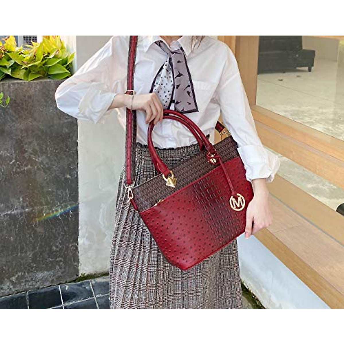 MKF Crossbody Shoulder Bag for Women – PU Leather Top Handle Pocketbook – Roomy Tote Satchel Handbag Purse M Charm Beige